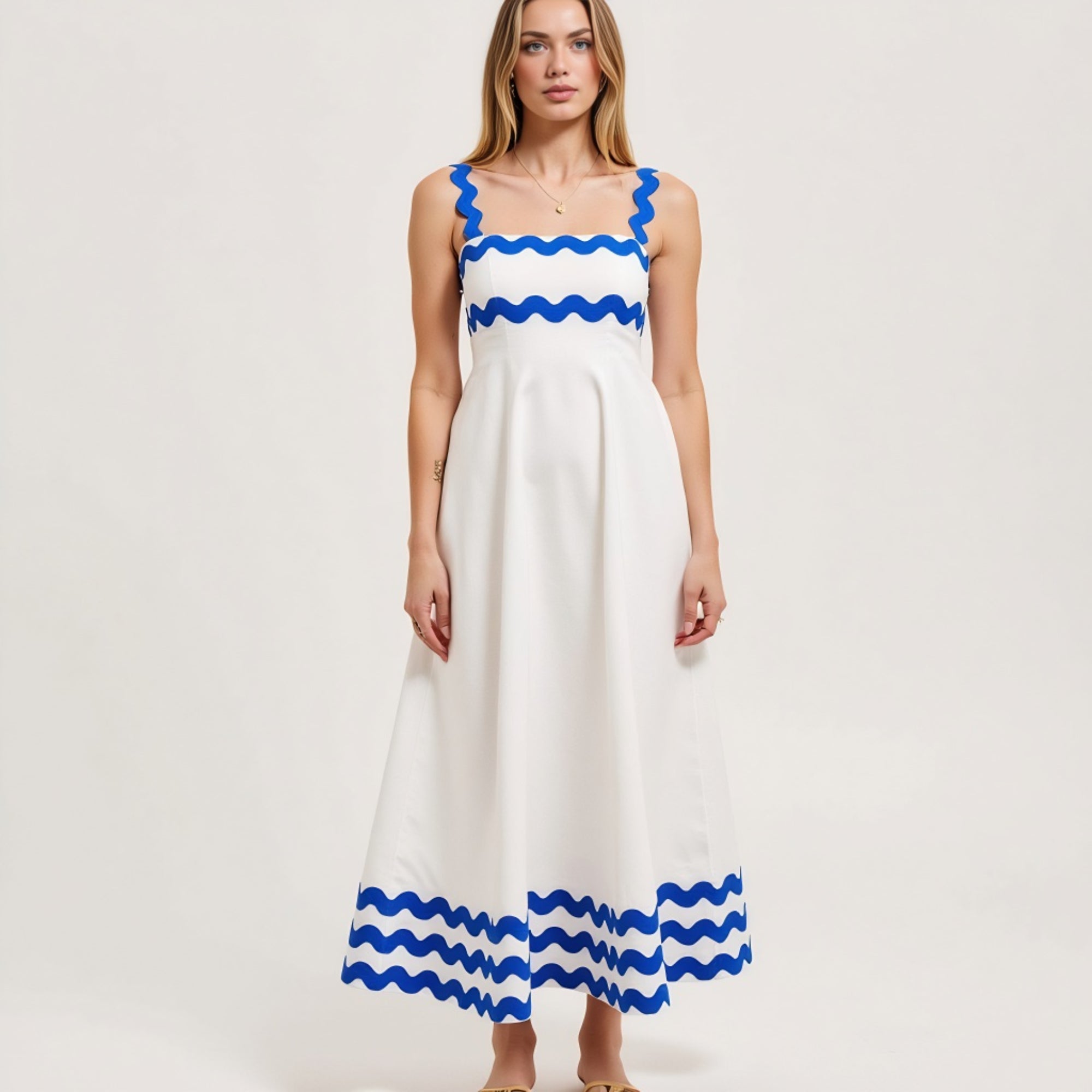 Scalloped Strap Maxi Dress with Wave Trim and A-Line Silhouette – Modenaire
